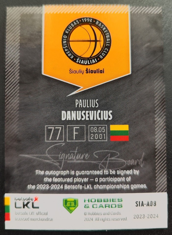 2023-24 H&C LKL Autograph Siauliai #SIA-A08 Paulius Danusevicius 18/20 ...