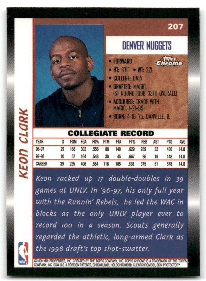 1998-99 Topps Chrome Basketball Card Keon Clark #207 RC Denver Nuggets ...