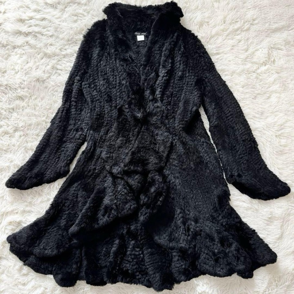 Rabbit Fur Long Fur Coat Frill Black S Authentic | eBay Australia