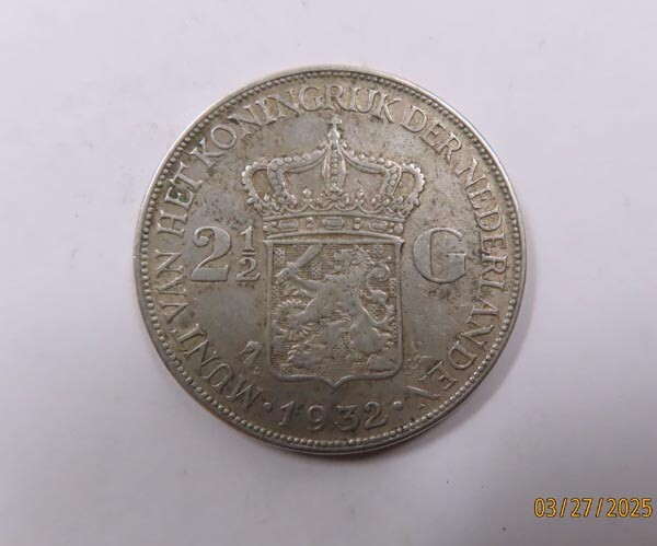 Netherlands Queen Wilhelmina Large Silver 2 & ½ Gulden 1932 VERY SCARCE ...
