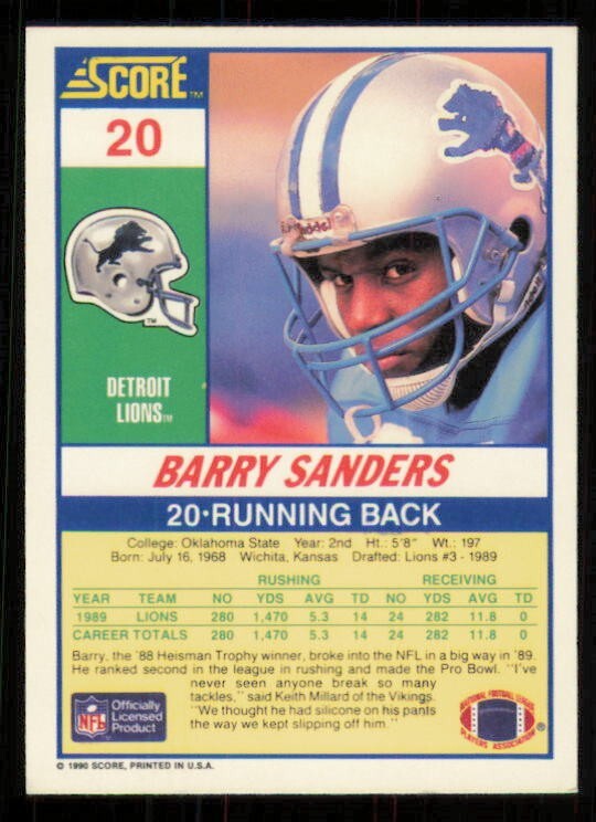 1990 Score BARRY SANDERS #20 Detroit Lions 2nd Year NM | eBay