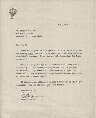 QUEEN NOOR AL-HUSSEIN (JORDAN) - TYPED LETTER SIGNED 05/02/1984 | eBay