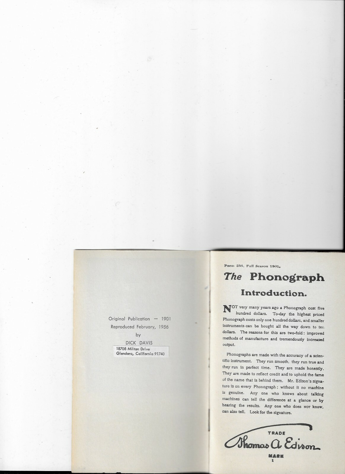 EDISON PHONOGRAPH-THE ACME OF REALISM- 1956 REPRINT OF 1901 BROCHURE | eBay