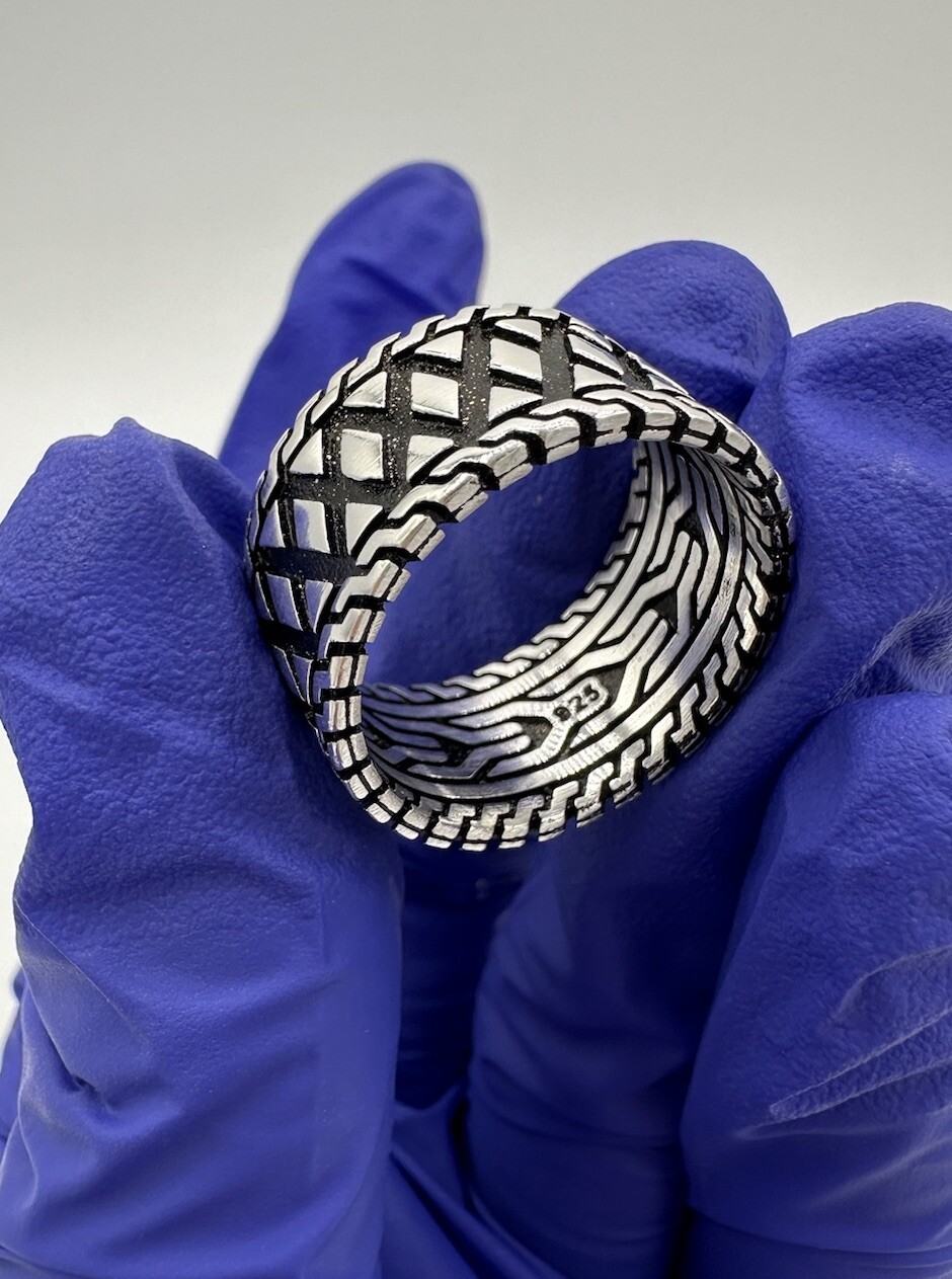 Sterling Silver 925 Vintage Diamond Pattern Band Ring 11.6mm Wide Size ...