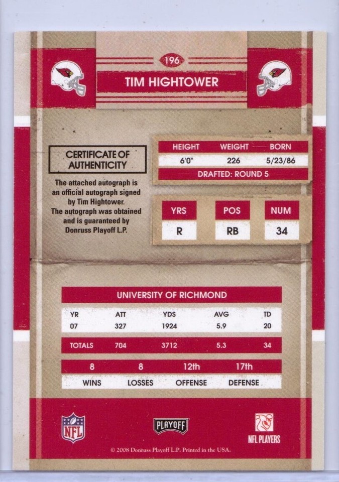 2008 Playoff Contenders #196 Tim Hightower Auto RC - #2 - Arizona ...