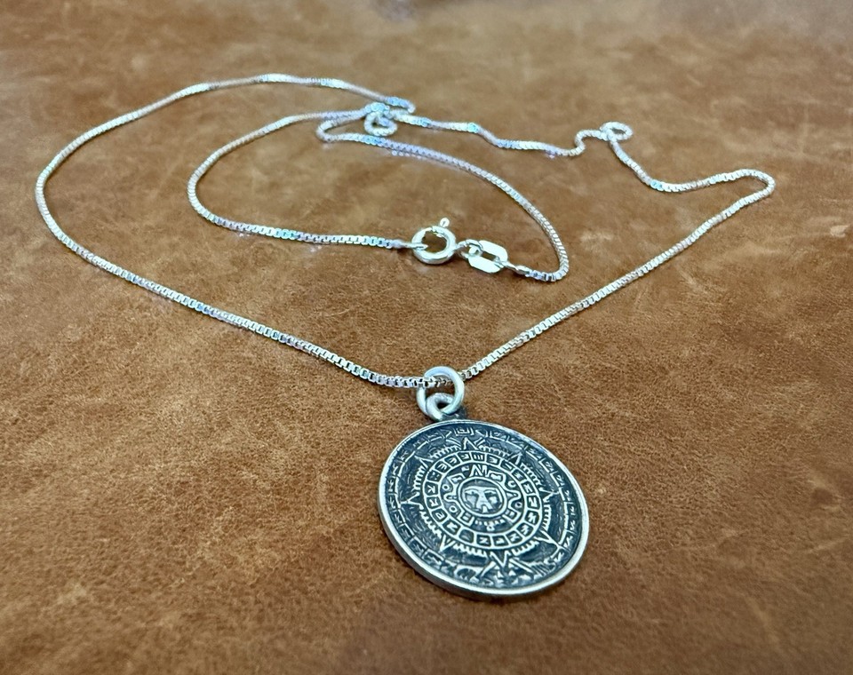 Vintage Mexico Aztec Calendar Tribal Pendant Necklace 925 Sterling ...