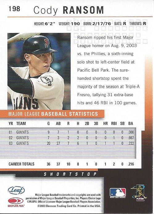 2004 Leaf Press Proof Red Cody Ransom 198 Giants | eBay