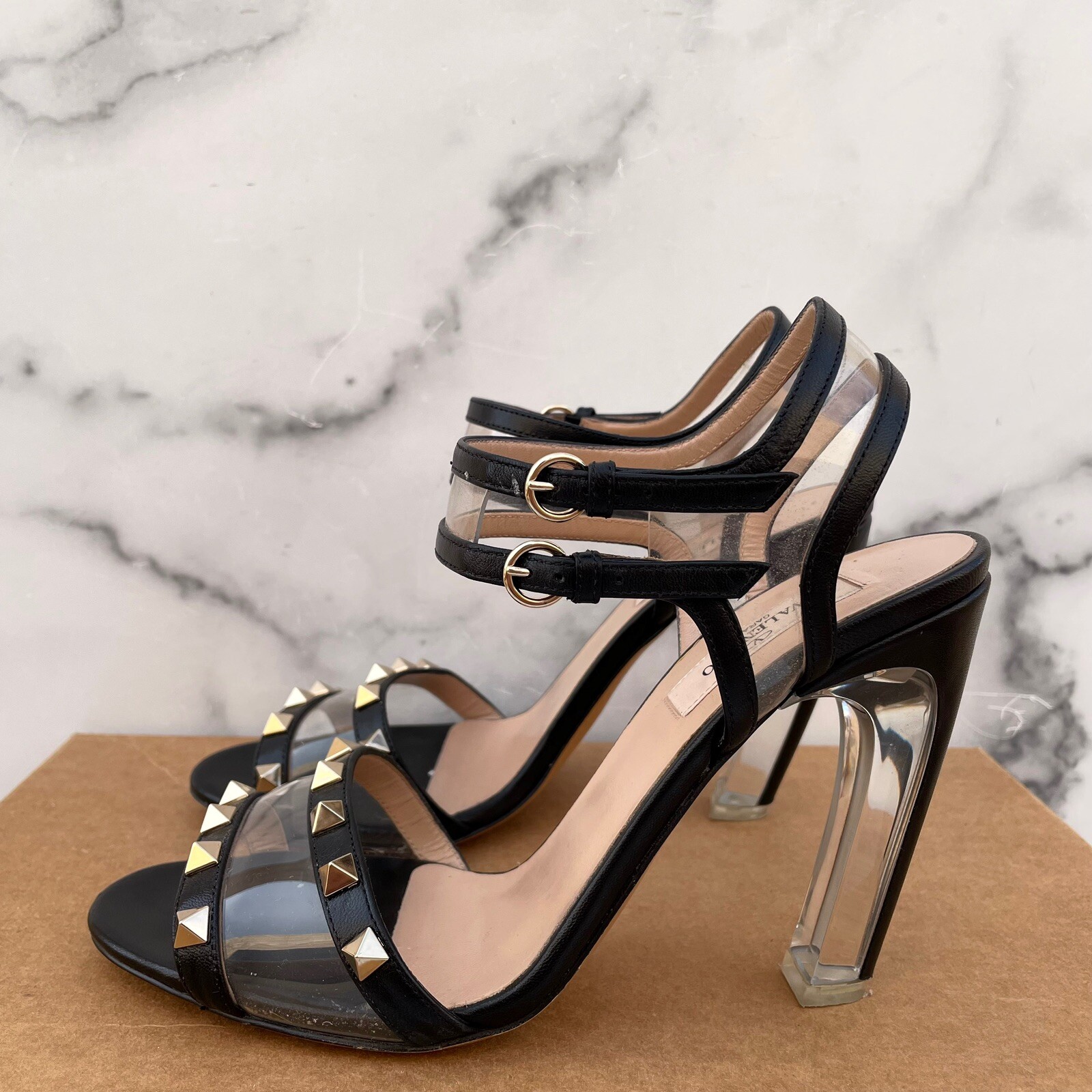 Valentino Rockstud 105mm Moonwalk PVC lucite heel sandal size IT 37.5 ...