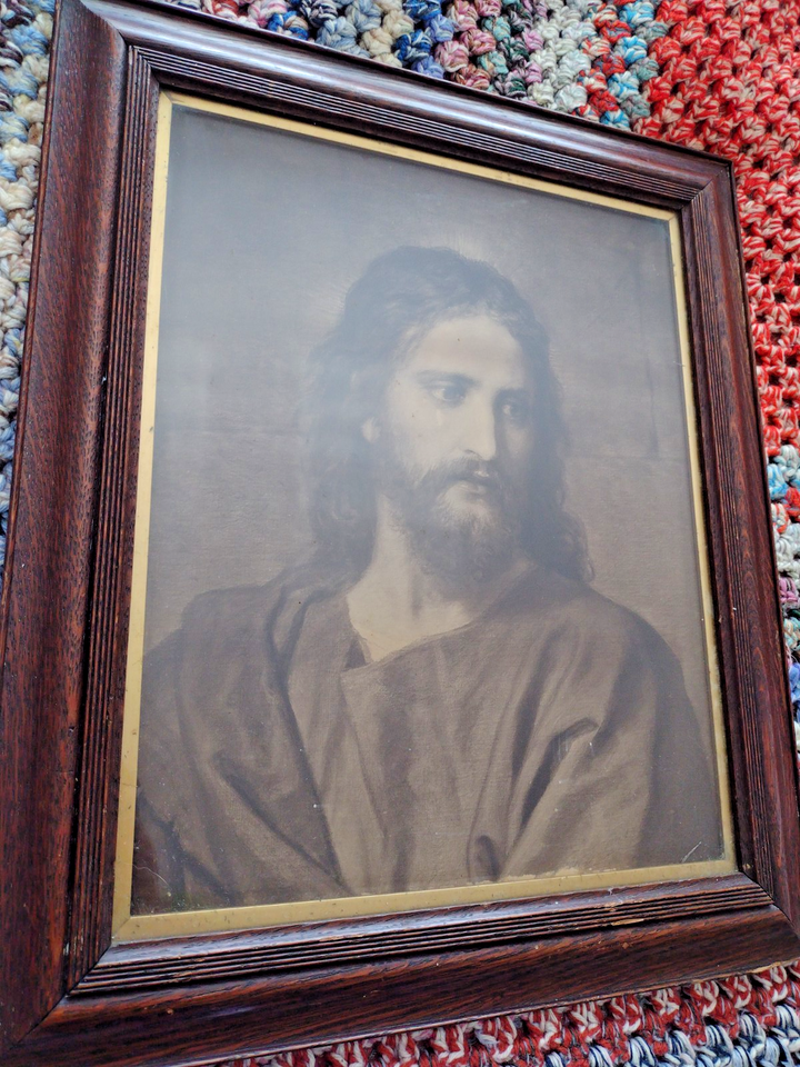 LARGE ANTIQUE GLASS WOODEN FRAME JESUS RELIGIOUS PORTRAIT PRINT ...