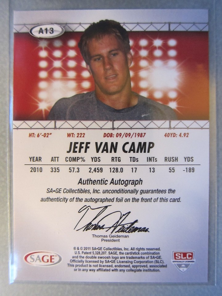 *207/250* 2011 SAGE HIT Autographs GOLD Parallels #13 Jeff Van Camp ...