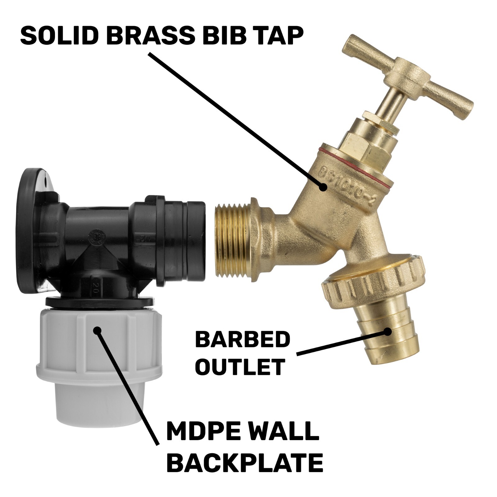 20mm & 25mm MDPE Backplate with Brass Bib Taps, 1/2" & 3/4" Hose Barbed ...