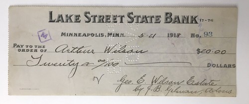 Lake Street State Bank Minneapolis Minnesota Antique Check 1918 #93 5 ...