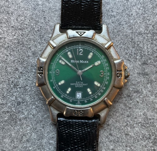 Vintage Hugo Maxx Mens Watch 39mm Silver Tone Case Green Dial & Leather ...