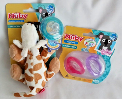 Nuby Pacifier Combo Set Cherry Shape Giraffe plush holder & 2 pack ...