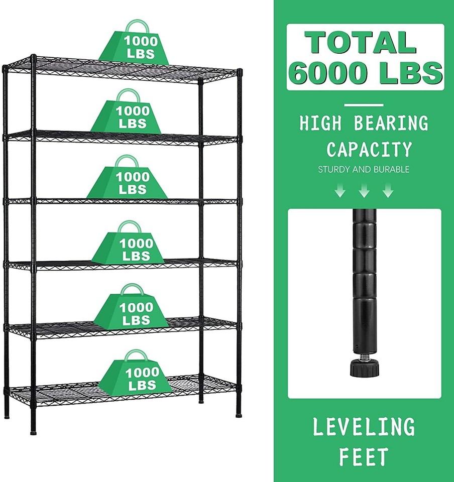 6-Tier Wire Shelving Unit NSF Metal Shelf Rack Heavy Duty Capacity 18 ...