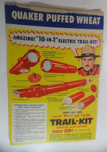 QUAKER PUFFED WHEAT CEREAL BOX 1950 SGT PRESTON ELECTRIC TRAIL KIT ...