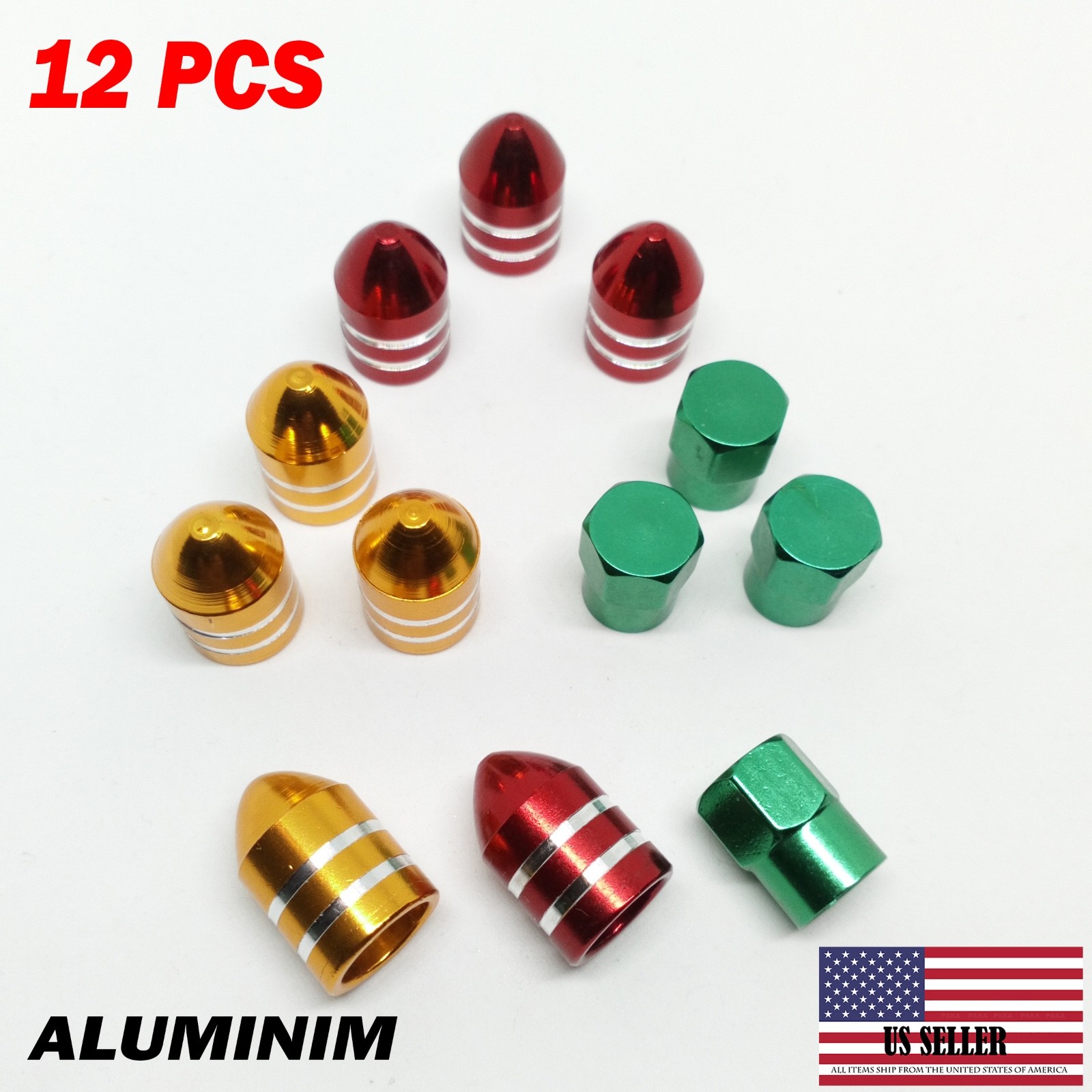 12 X ALUMINUM TIRE/RIM VALVE AIR PORT COVER STEMS CAP GREEN RED GOLD | eBay