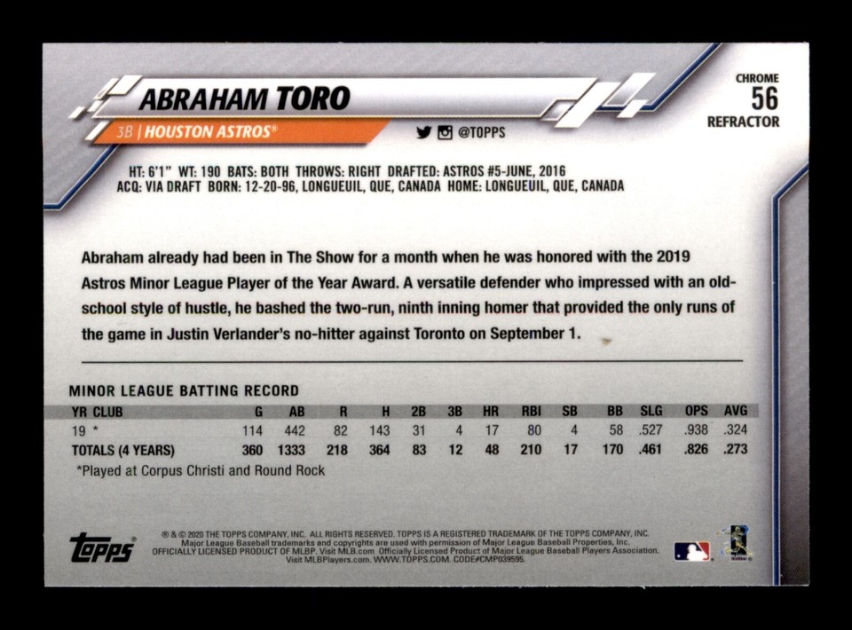 2020 Topps Chrome Abraham Toro Rookie RC Refractor #56 Houston Astros ...