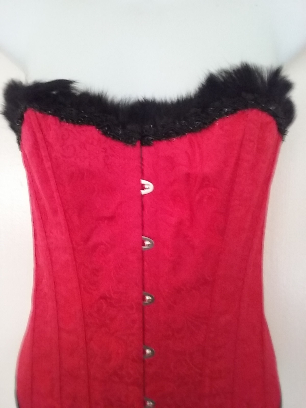 LADIES BASQUE AND THONG RED MEDIUM WITH FUR TRIM. | eBay UK