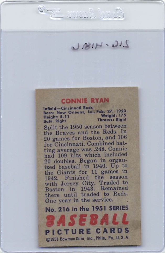 1951 Bowman #216 Connie Ryan Reds VG/EX 51B216-41816-1 | eBay