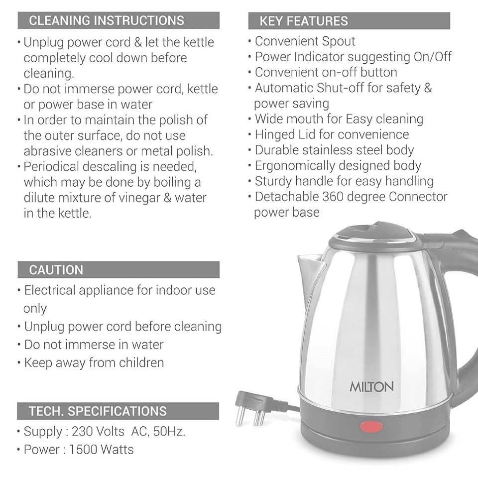 Milton Go Electro 1.5 Stainless Steel Electric Kettle, 1.5 Litres- Free ...