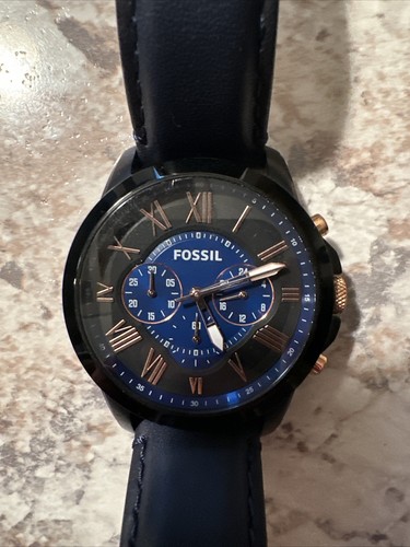 Fossil Grant FS5061 44mm Black Stainless Steel Case with Navy Leather ...