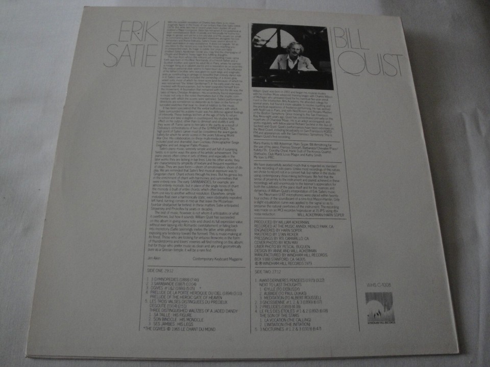 Piano Solos Of Erik Satie PERFORMED BY BILL QUIST VINYL LP ALBUM 1979 ...