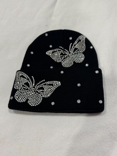 Women Knit Beanie hat Black With Rhinestones Butterflies Rhinestones | eBay