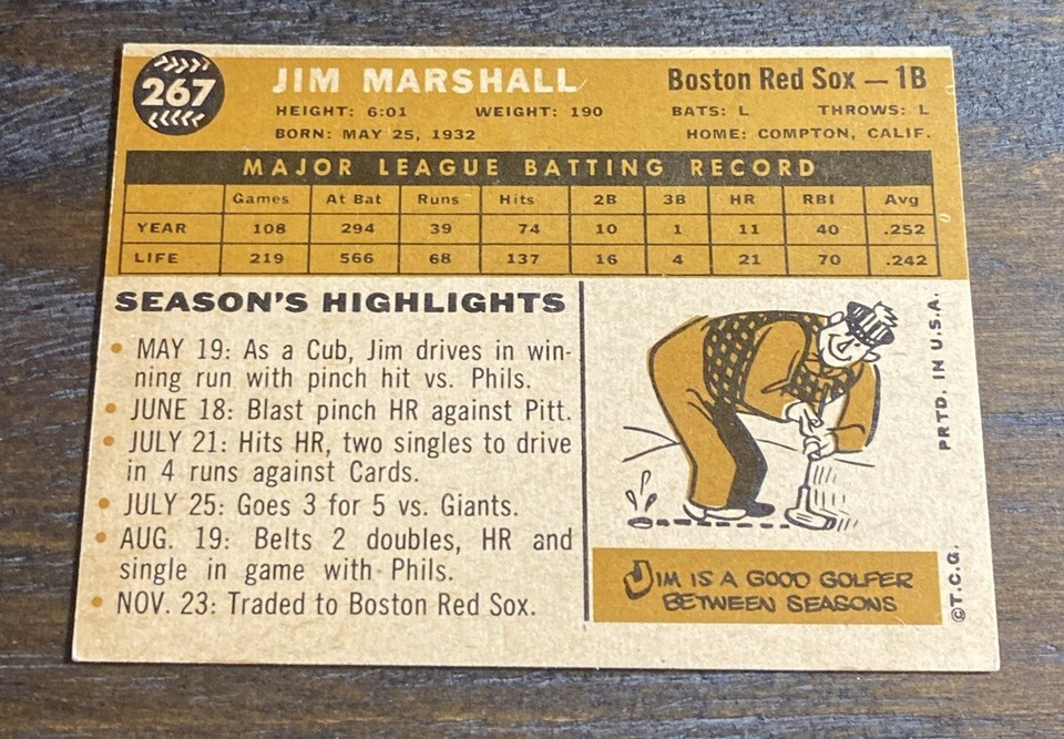 Jim Marshall Boston Red Sox 1960 Topps Signed autographed Baseball card ...