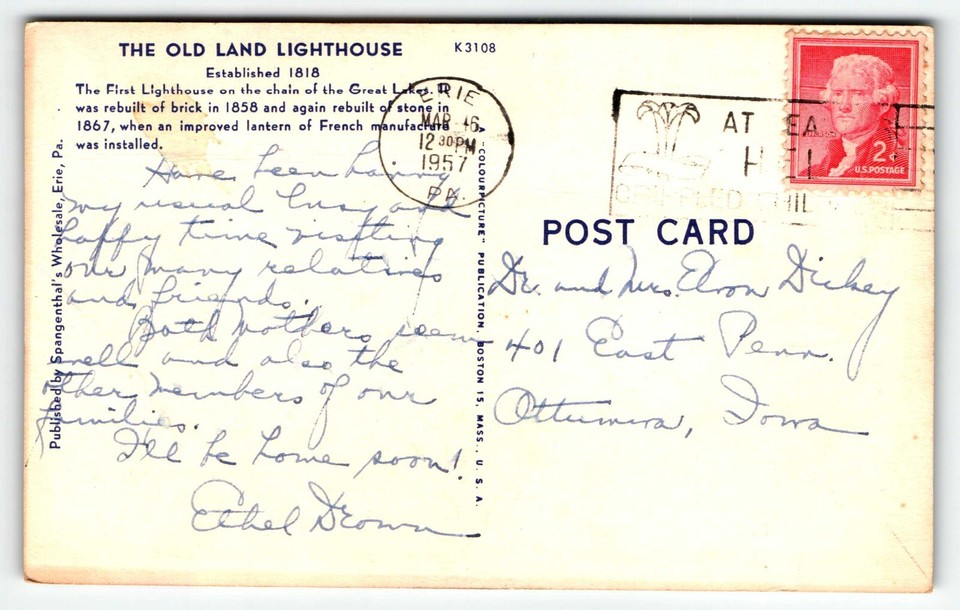 Old Land Lighthouse Linen Postcard Lake Erie Pennsylvania PA PM 1957 | eBay