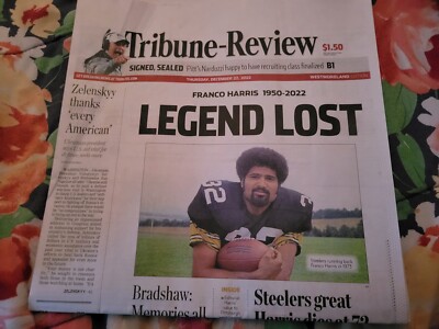 Tribune Review Franco Harris Newspaper December 22 2022 | eBay