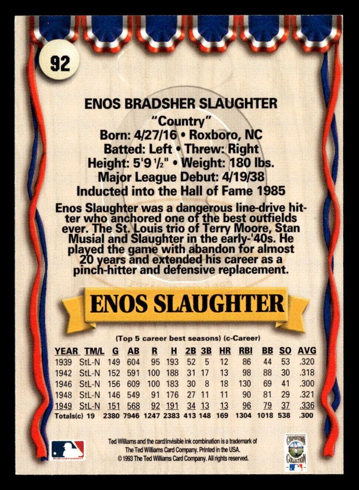 Enos Slaughter 1993 Ted Williams Card #92 St. Louis Cardinals | eBay