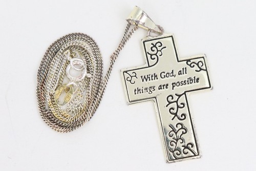 18" Vintage 925 TH SU Cross Prayer Necklace 'With God, all things are ...