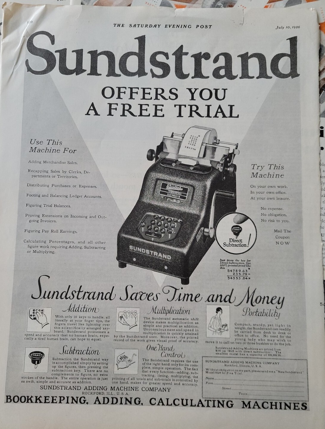 1926 Sundstrand Bookkeeping adding calculating machine Free Trial ...