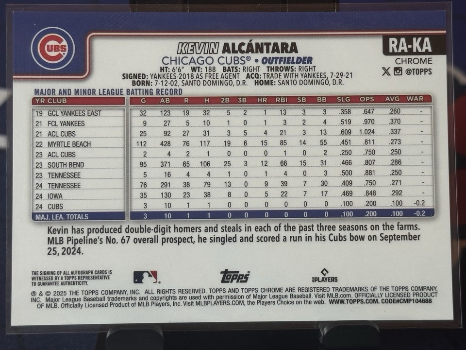 2025 Topps Chrome RC Kevin Alcantara Autograph #RA-KA Chicago Cubs | eBay