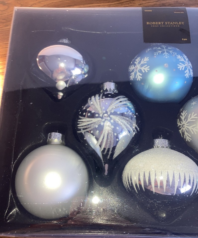 Glass Christmas Ornaments Robert Stanley Home Decor Silver Blue Box 8 ...