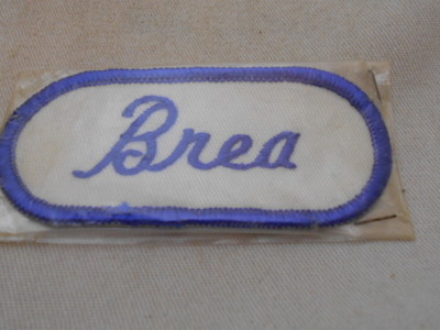 BREA USED EMBROIDERED VINTAGE SEW ON NAME PATCH TAGS OVAL BLUE ON WHITE ...