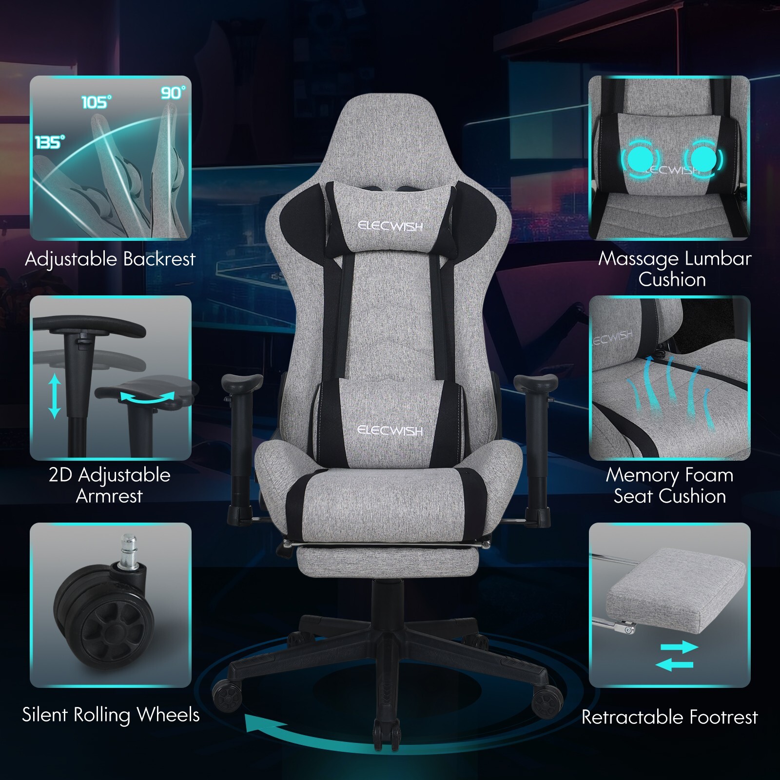 ELECWISH Massage Gaming Chair Fabric Office Swivel Recliner Seat with ...