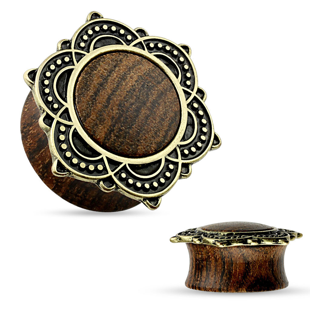 Pair of Natural Rose Wood Saddle Plug with Tribal Lotus Top Double ...