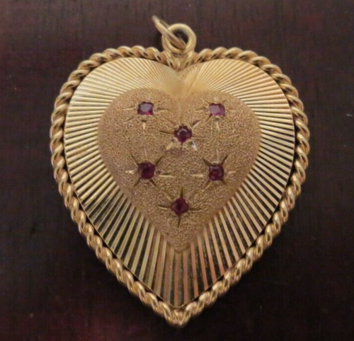 Antique Ladies Heart Stamp 14k Solid Gold Pendant 6 Rubies 12.9 gr 41mm ...