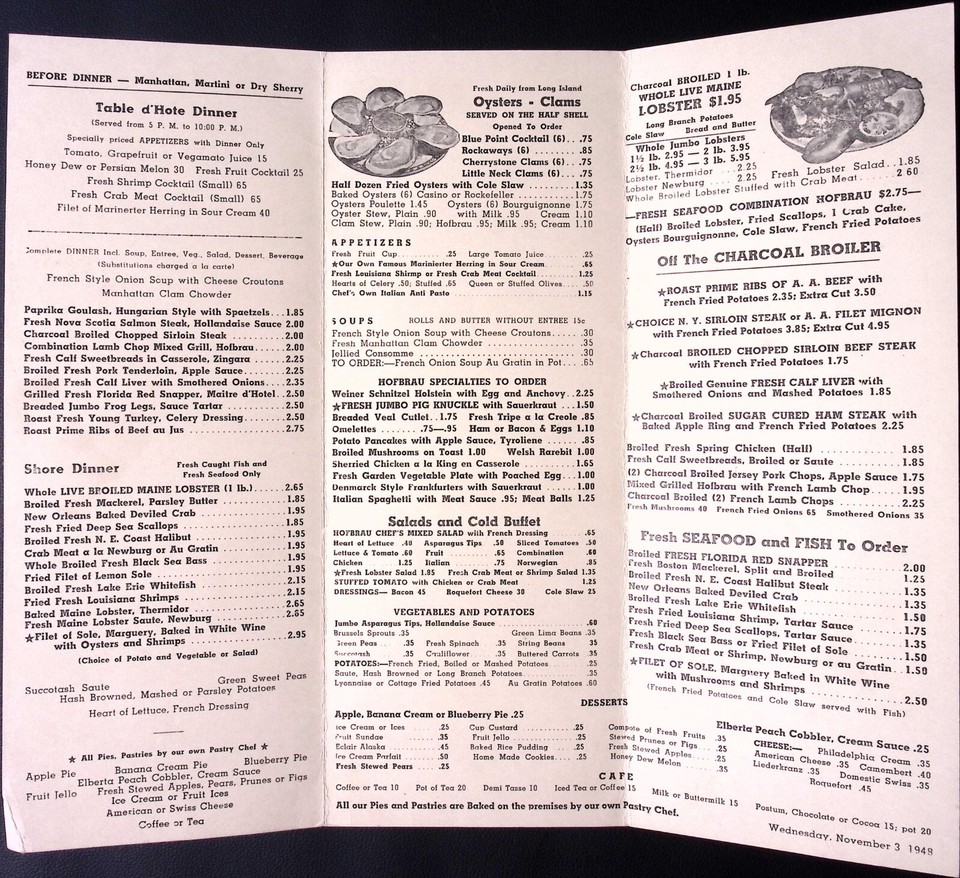 1948 Hofbrau Old World Grill Danube Room Oyster Bar Diner Menu ...