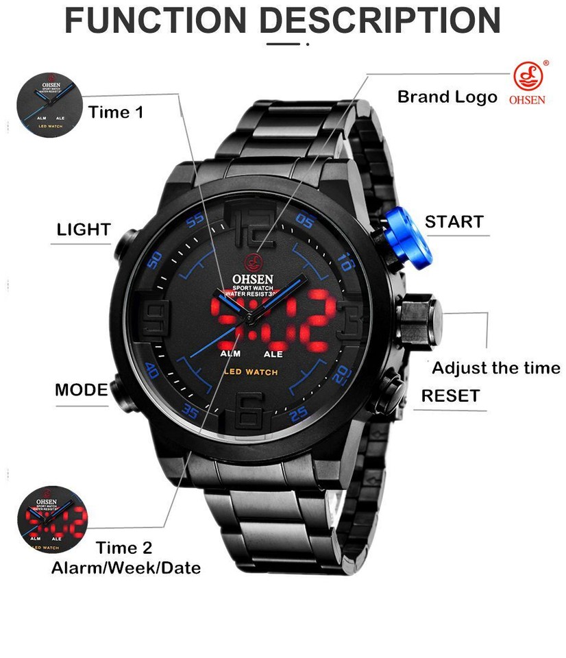 OHSEN Men Quartz Watch Silver Steel Stainless Strap Dual Time Digital ...