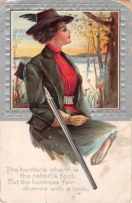Pretty Hunting Lady With Gun & Rabbit's Foot-Good Luck Symbol-Old ...