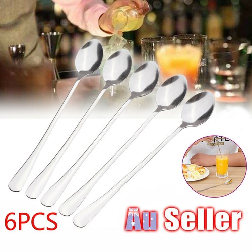 6x Stainless Soda Spoon Sundae Long Teaspoon Parfait Iced Coffee Cafe ...