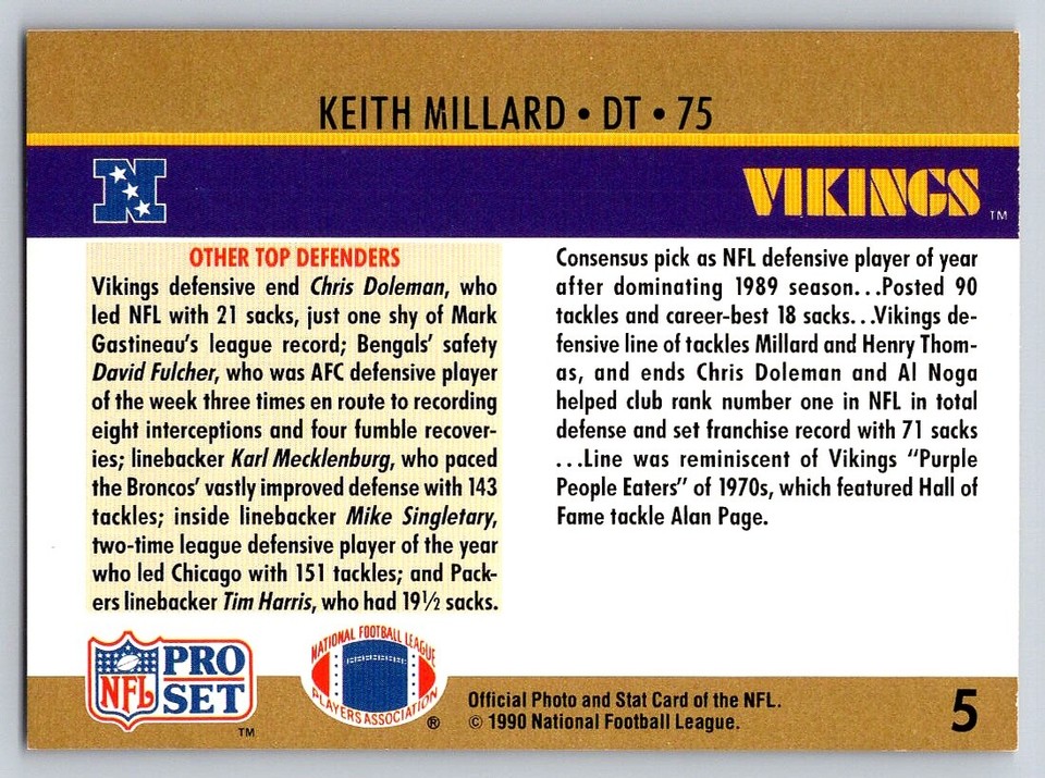 # 5 Keith Millard Minnesota Vikings 1990 Pro Set AW 1989 NFL Defensive ...