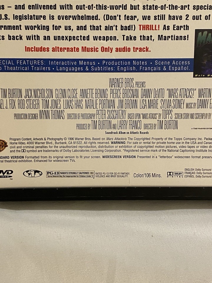 Mars Attacks DVD Jack Nicholson, Glenn Close, & Danny De Vito 1996 | eBay