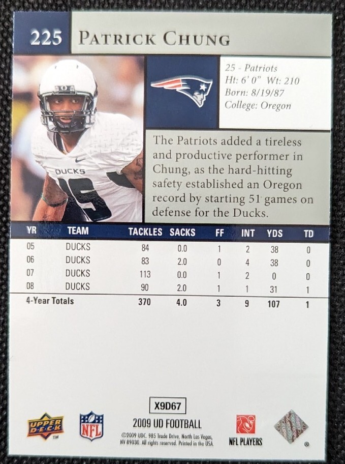 2009 Upper Deck PATRICK CHUNG RC #225 Star Rookie New England Patriots ...