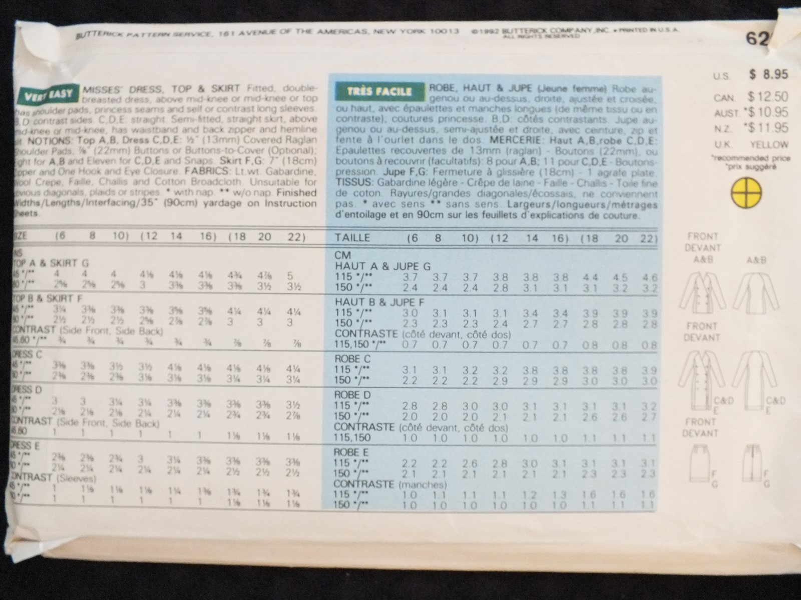 Glam OOP BUTTERICK 6268 Misses Dress or Top/Jacket & Skirt PATTERN 6-8 ...