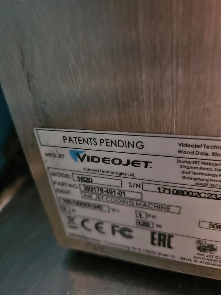VIDEOJET 1620 392178-491-01 50/60 Hz INDUSTRIAL INKJET PRINTER CODING ...