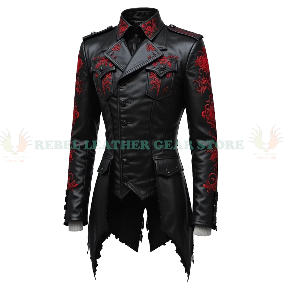 Gothic Dragon Leather Jacket Black Red Embroidery Steampunk Unisex Coat ...